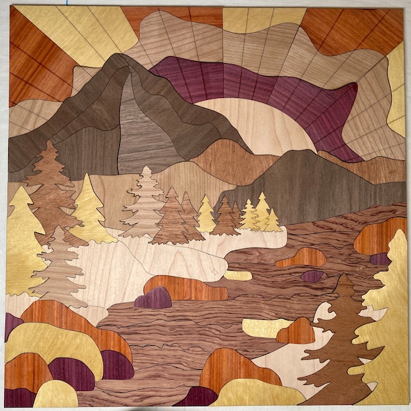 Prairie Landscape, Wood Lath, Bison Wall Art, Wood Inlay Art, Laser ...