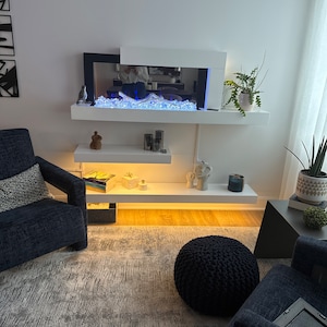 Modern White Floating Shelf, Thick Wall Shelf With Light, Wooden Shelf ...