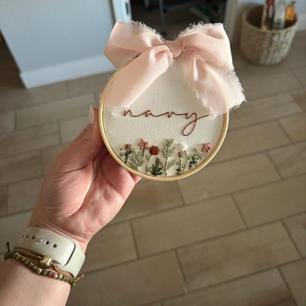 Hand Embroidered Name Hoop, Mountain Embroidery, Baby Announcement Sign ...