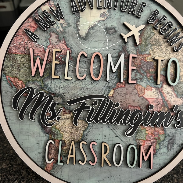 Personalized Welcome Classroom Door Sign, World Map Adventure Themed ...