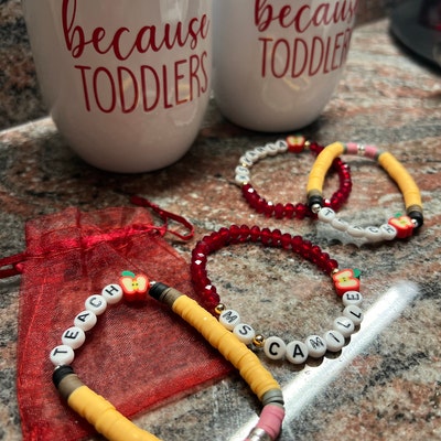 Personalized Teacher Bracelet, Pencil Bracelet, Stackable Bracelet, Teacher Heishi Bracelet ...