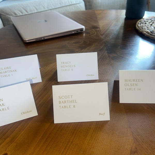 Gold Place Cards With Meal Indicator Printed, Wedding Name Cards ...