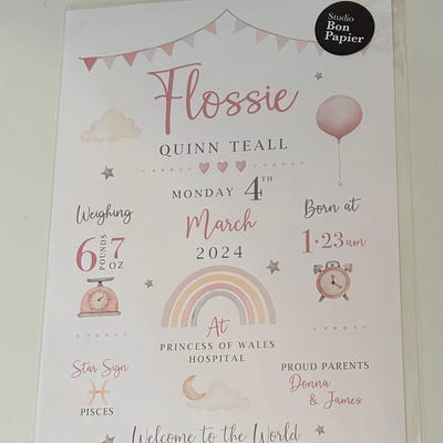 New Baby Personalised Print Birth Details Gift Keepsake Print New Baby ...