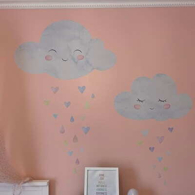 Watercolor Clouds With Heart Rain Peel and Stick Wall Stickers - Etsy