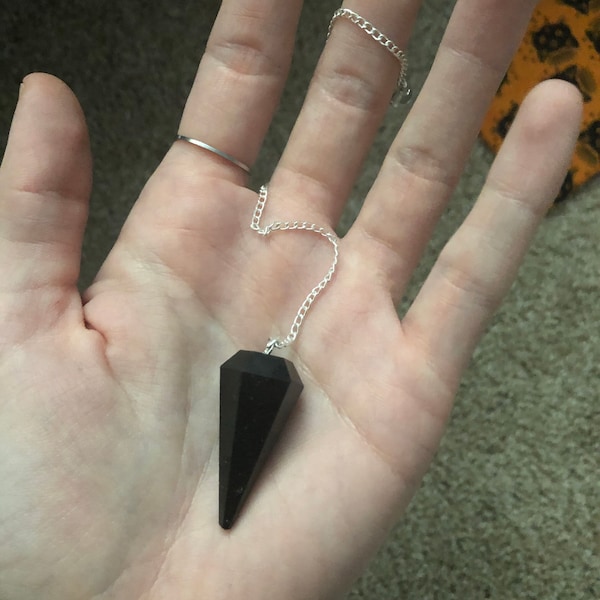 Black Tourmaline Crystal Pendulum With Silver Plated Faceted Chain ...