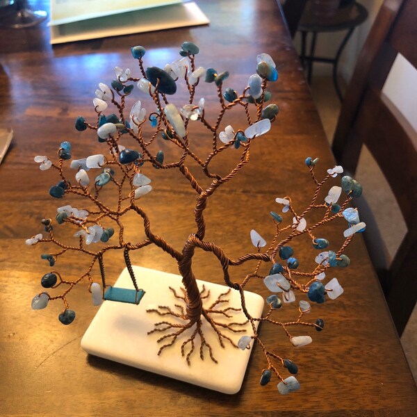 Aquamarine & Apatite Stone Tree With Swing, 19th Anniversary Gift for ...