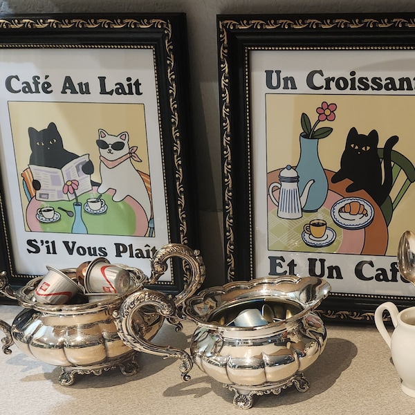 French Cafe Croissant Cat Print, Retro Drink Poster, Bistro Coffee ...