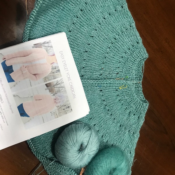 Knitting Pattern Easy Eyelet Yoke Cardigan Beginner Cardigan Top