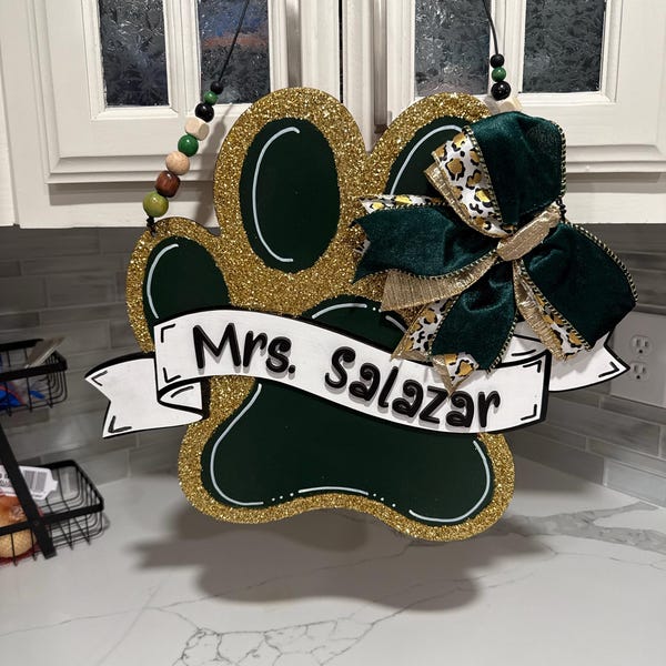 Personalized Paw Print Door Hanger, Teacher Classroom Decor Sign, Dog ...