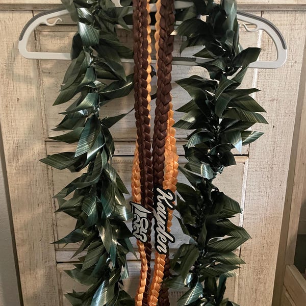 Deluxe Grad Lei SET - Braided Triple Twist Ribbon & Maile Ti Leaf Style ...