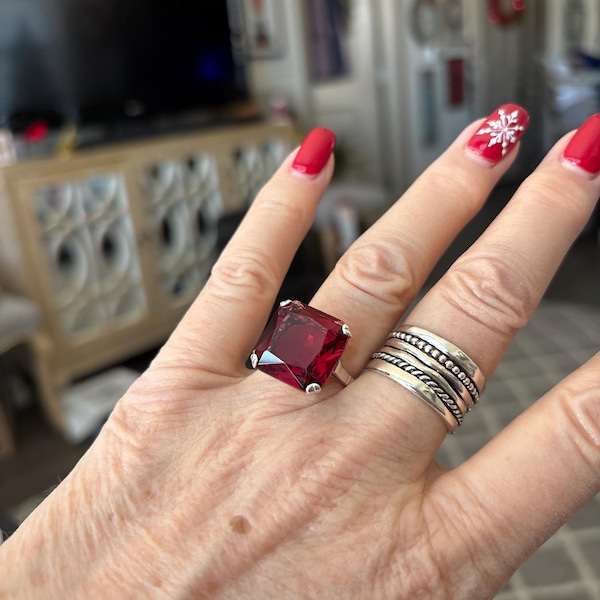 Ruby Ring Sterling Silver/ 20ct Big Huge Square Cut Simulated Red Gem ...
