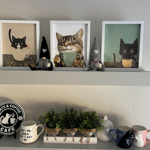 Funny Cat Coffee Wall Art for Tabby and Tuxedo Cat Owners Vintage Cat ...