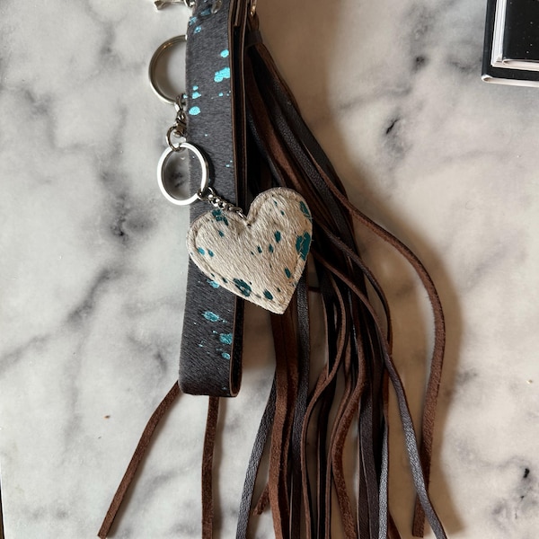 COWHIDE TASSEL KEYCHAIN Wristlet Western Hair on Cowhide Fringe ...
