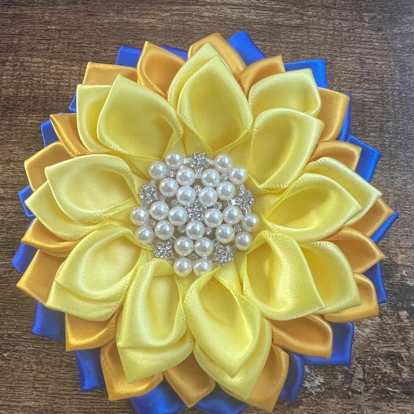 JJOA Navy/white/pink Satin Kanzashi Ribbon Flower Brooch With ...