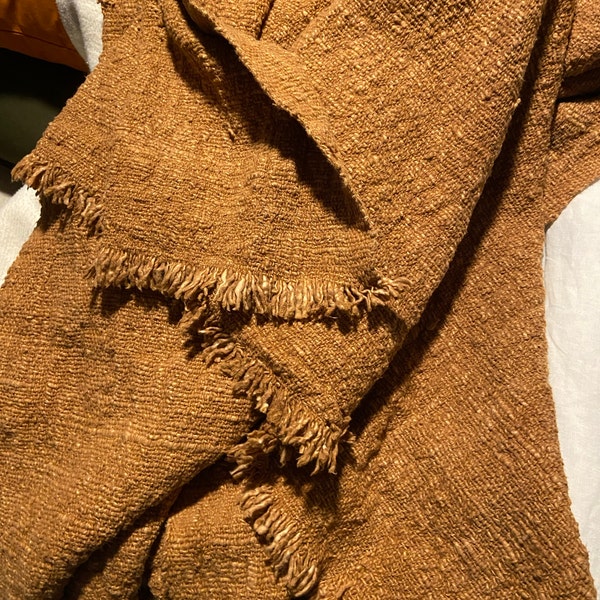 Handloomed Light Brown Textured Raw Cotton Fringe Throw Blanket 240x120 ...