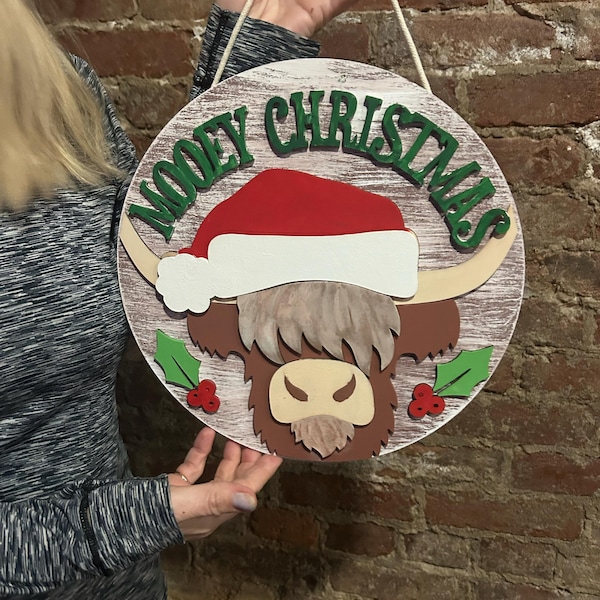 Mooey Christmas Highland Cow Sign, DIGITAL Download, Round Door Hanger ...