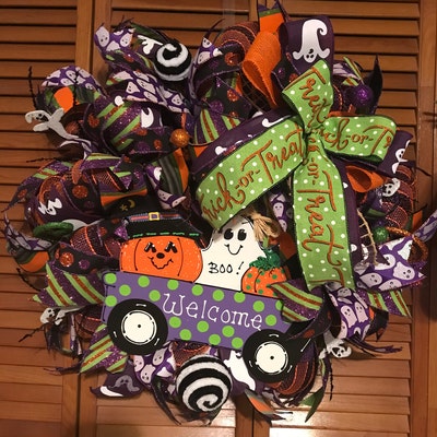 Welcome HALLOWEEN Ghost & Witch Hat Pumpkin PURPLE WAGON Sign Door ...