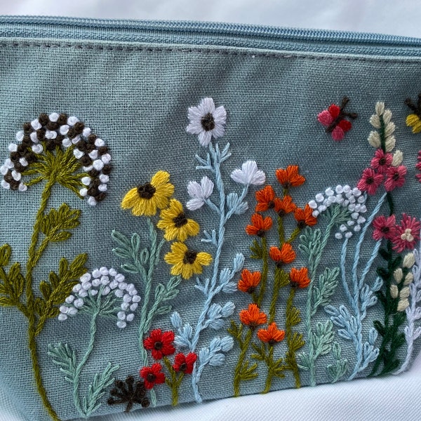 Hand Embroidered Makeup Bag With Flower Embroidery, Floral Cosmetic Bag ...