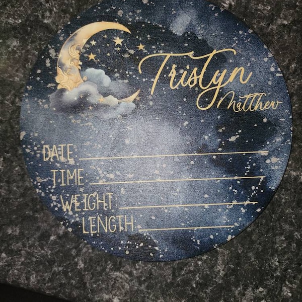 Crescent Moon Birth Stat Sign, Birth Stat Sign, Round Wood Birth Stat ...