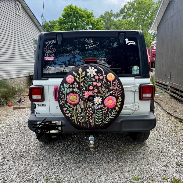 Faux Embroidery Spare Tire Cover, Botanical Tire Cover, Unique Spare ...
