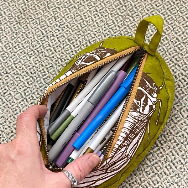 Cicada Zipper Pouch: Hand Screenprinted Cotton Canvas Pencil Bug Insect ...