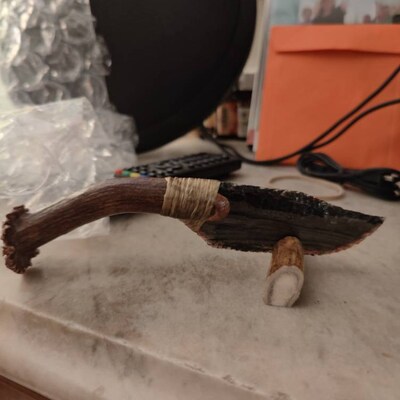 Large Knapped Glass Bowie Knife With Deer Antler Handle Flint Knapping ...