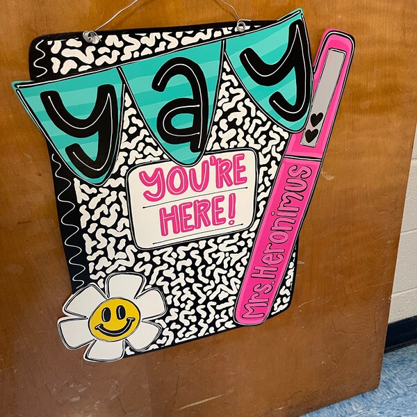 Personalized Teacher Door Hanger, Retro Composition Notebook, Welcome ...
