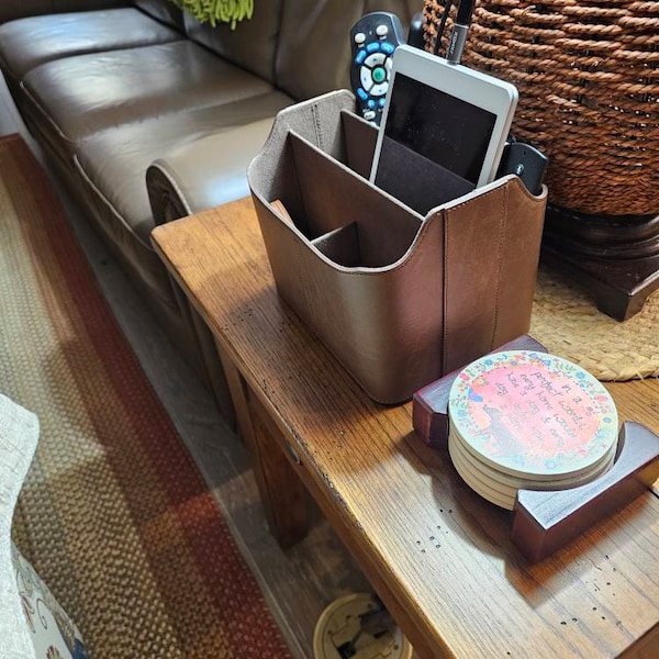 Personalized Hand Crafted Leather Remote Caddy, Desk Organizer With ...