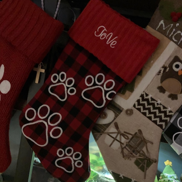 Buffalo Check Paw Prints Red Personalized Dog Christmas Stocking ...