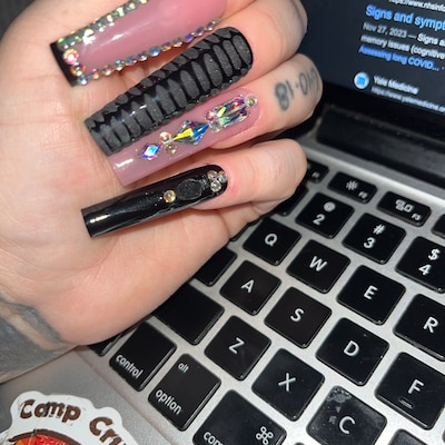 Baddie Black Frenchies & Bling Luxury 3D Crocodile Y2k Glossy French ...
