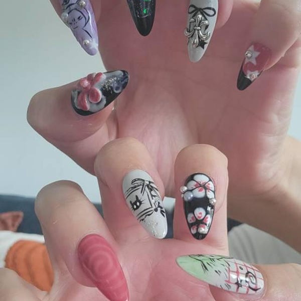 Handmade Gothic Cat Press on Nails | 3D Bows, Star Accents, Floral ...
