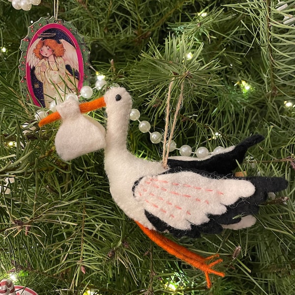 Felt Stork Ornament, Welcoming Newborn, Baby Celebration, Unique Parent ...