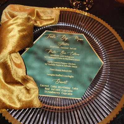 Hexagon Menu Card Template, Menu Card Green Emerald and Gold, Geometric ...