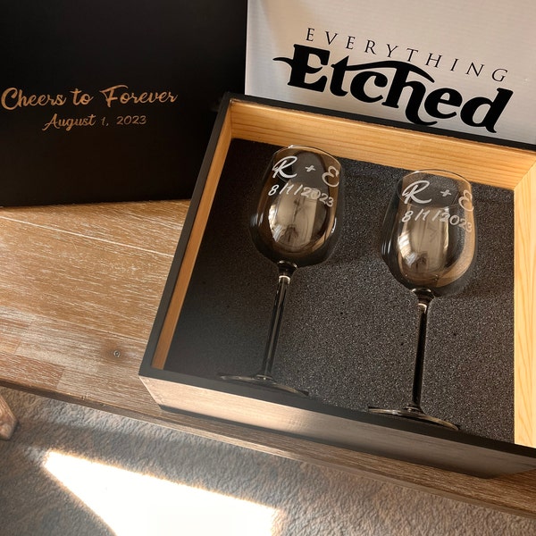 Custom Etched Wine Glasses Box Set - Engagement, Wedding, or ...