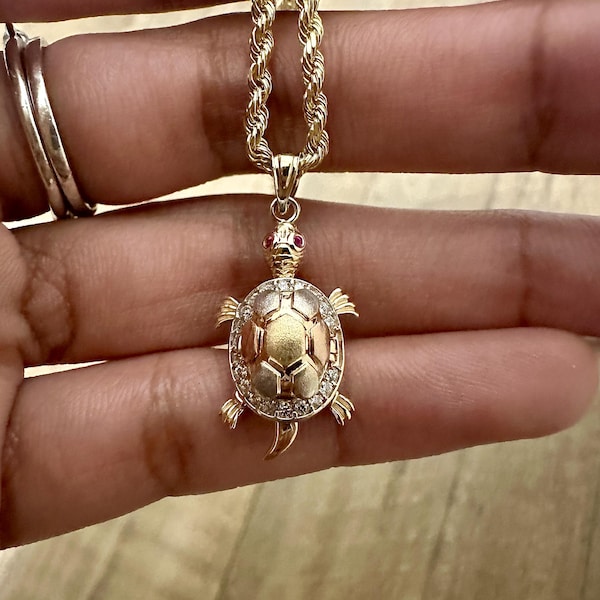 10k & 14k Solid Gold Turtle Open Back Pendant Necklace for Women Girl ...