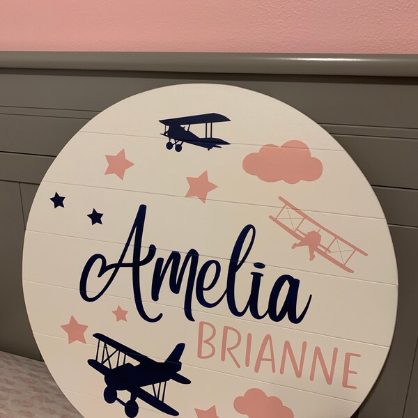 Airplane Nursery Aviation Name Sign With Airplanes - Personalized Round ...