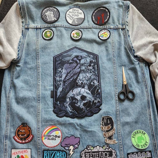 Embroidered Raven Skull Back Patch: Gothic Iron-on Patches for Custom ...