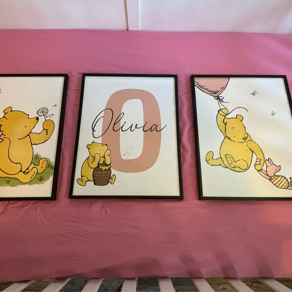 Set of 3 Classic Winnie the Pooh Personalised Name Print, Winnie the ...