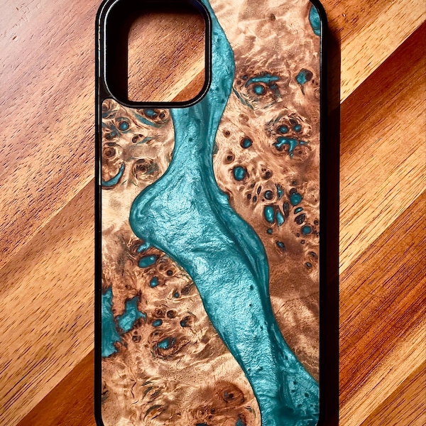 Sky Blue Resin Real Wood Handmade Case for iPhone 16, 15, 14, 13, 12 ...