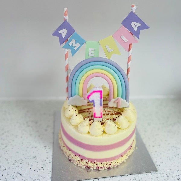 Edible Rainbow Cake Topper Decoration With Personalised Cake Bunting ...