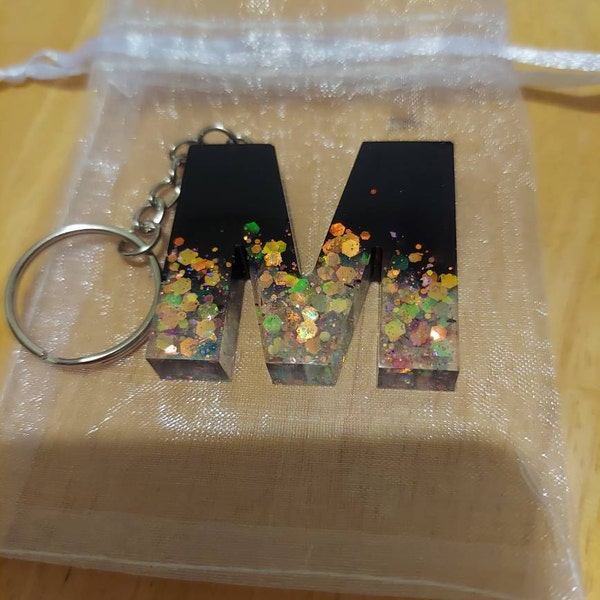 Glam Black, Clear and Silver Initial Keychain | Resin Initial Keychain ...