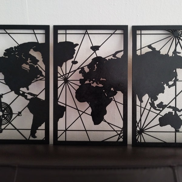 World Map Wall Art Decor Set of 3 Panels Laser Cut Dxf Glowforge Svg ...