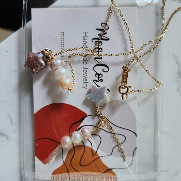 18k Lariat Pink Pearl Star Necklace, Y Necklace With Freshwater Star ...