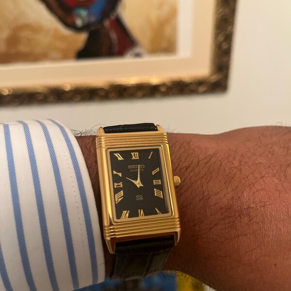 Vintage Seiko Slim TANK Style Quartz Watch Refurb Gold Dial Gold Bezel ...