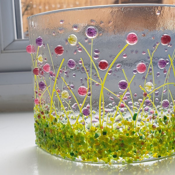 Tea Light-candle Display-hedgehog and Flowers-glass Plaque-fused Glass ...