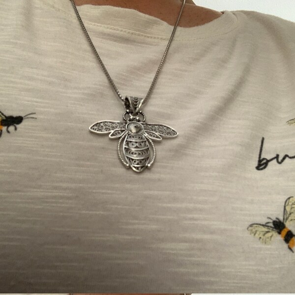 Silver Bumble Bee Pendant Necklace 925 Sterling Handmade Artisan ...