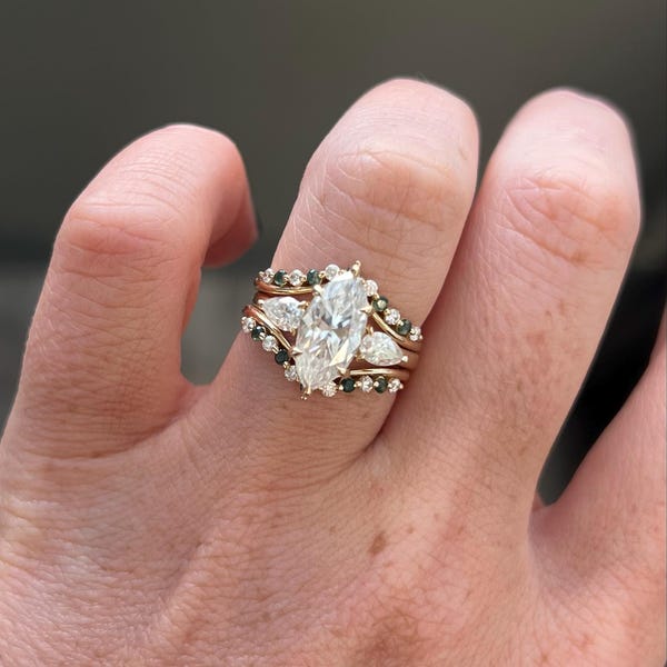 Pink Sapphire Engagement Ring Set Rose Gold Moissanite Ring Enhancer ...