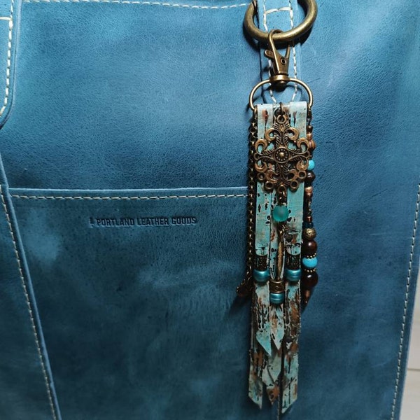 Leather Fringe Purse Charm Long Leather Bag Charm Copper Leather Tassel ...