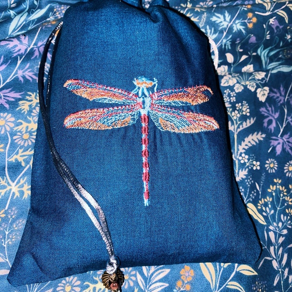 Embroidered Dragonfly Drawstring Bag, Handmade, Silk Lined - Etsy