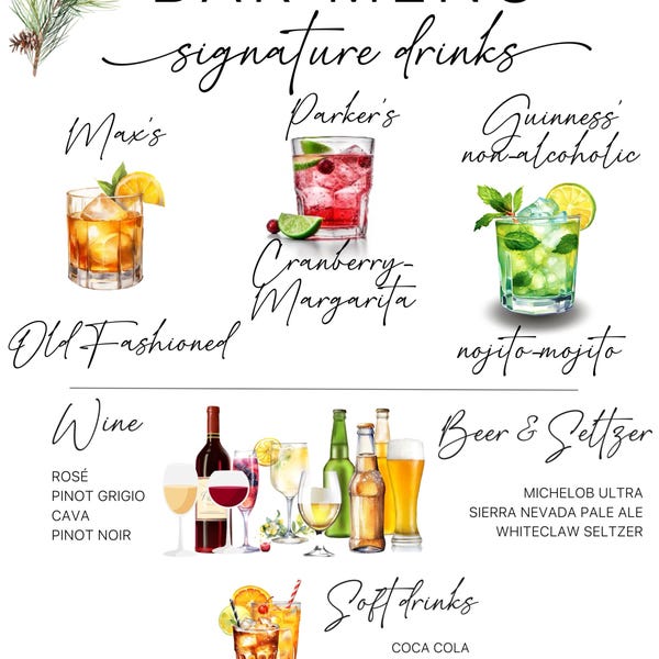 Chic Modern Bar Menu With Signature Drinks, DIY Bar Menu, Wedding Bar ...